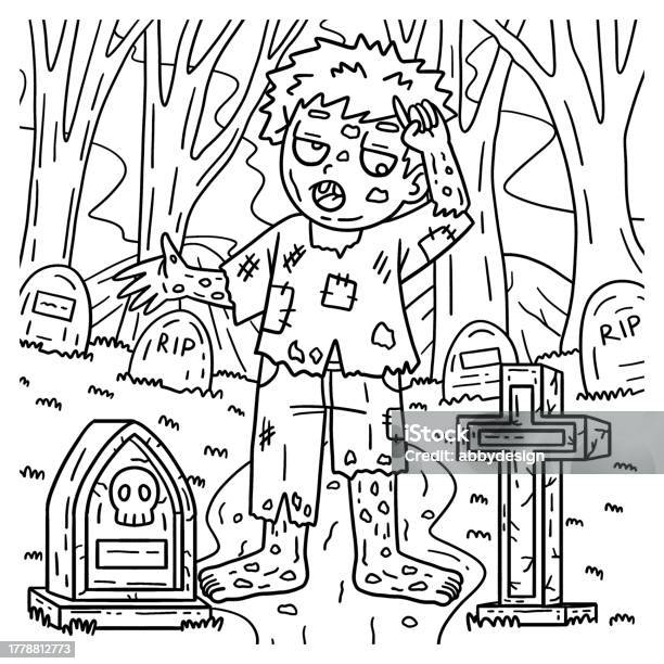 Ilustración De Dibujos De Zombie En Un Cementerio Para Colorear Para