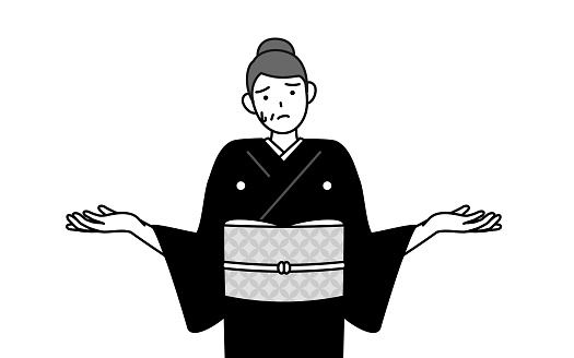 New Years Greeting And Weddings Senior Woman In Kimono In Trouble