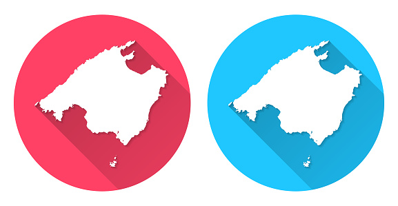 Majorca Map Round Icon With Long Shadow On Red Or Blue Background Stock