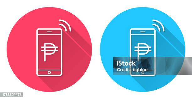 Mobile Payment With Peso Sign Round Icon With Long Shadow On Red Or