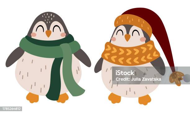 Pingouin De Noël Clipart Dans Un Style Plat De Dessin Animé