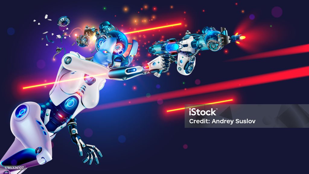 Robot Cyborg Shoots Gun Shooter Video Game Robot Woman With Ai Running Shooting At Laser Or