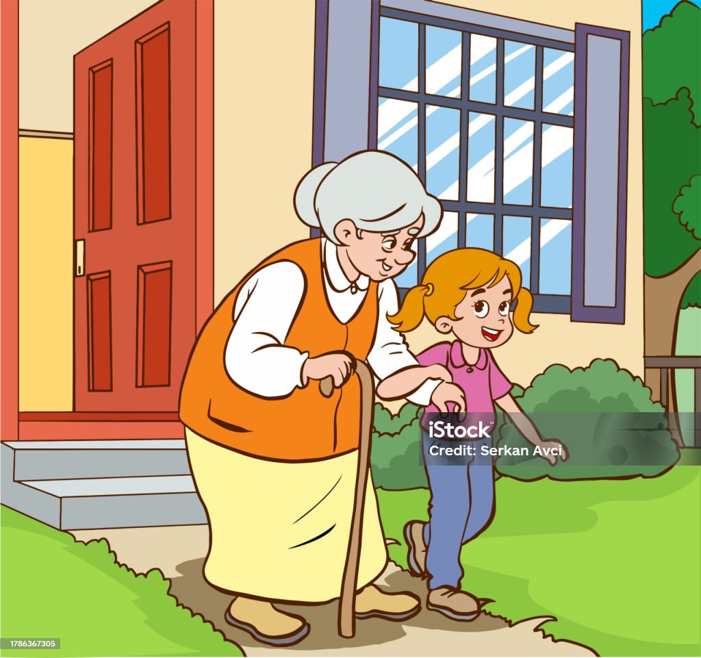 Grandmother And Granddaughter In Front Of The House Vector Illustration