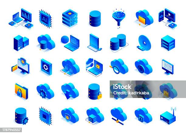 Vector Illustration Of Cloud Computing Isometric Icon Set And Three