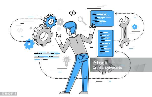 Programmer Is Coding And Repairing Some Machine System Vector Outline Illustration Computer