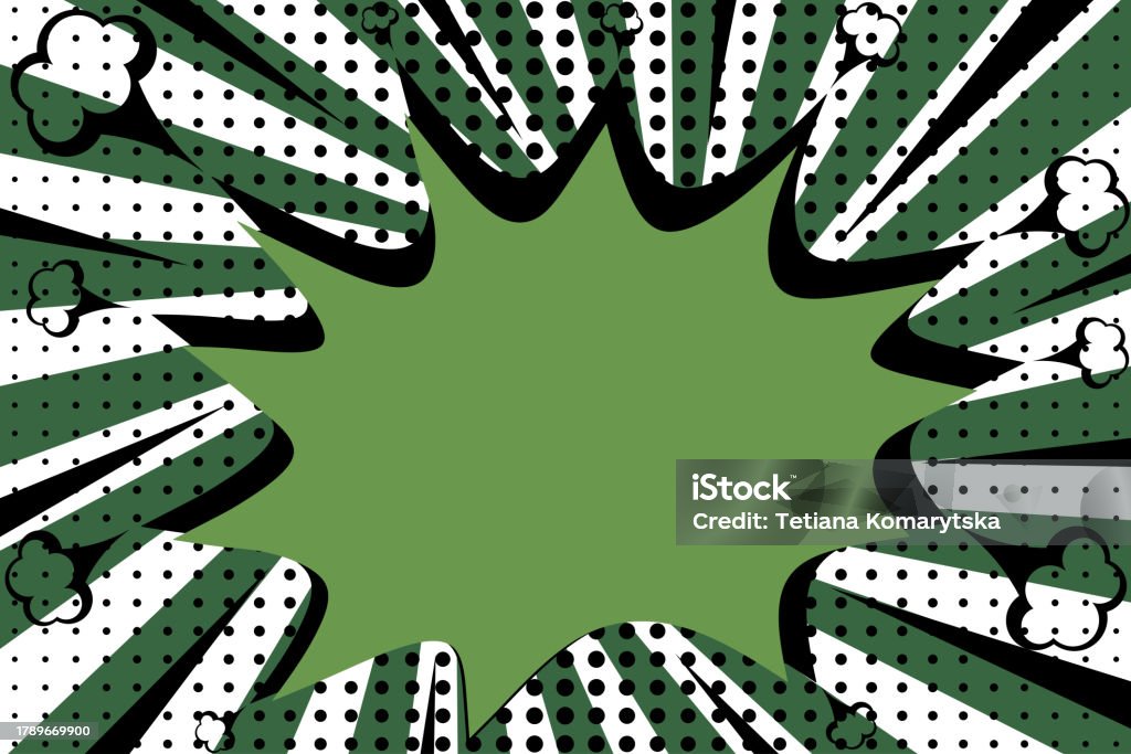 Green And Black Comic Pop Art Background With Explosion And Comic