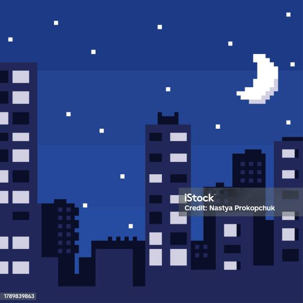 Vetores De Cidade Noturna De Pixel Art Com Paisagem Céu Nuvens Silhueta