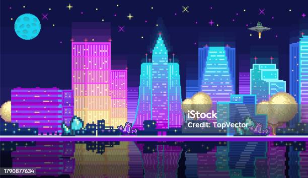 Vetores De Paisagem Noturna Da Cidade Fundo De Pixel Neon Com Silhueta