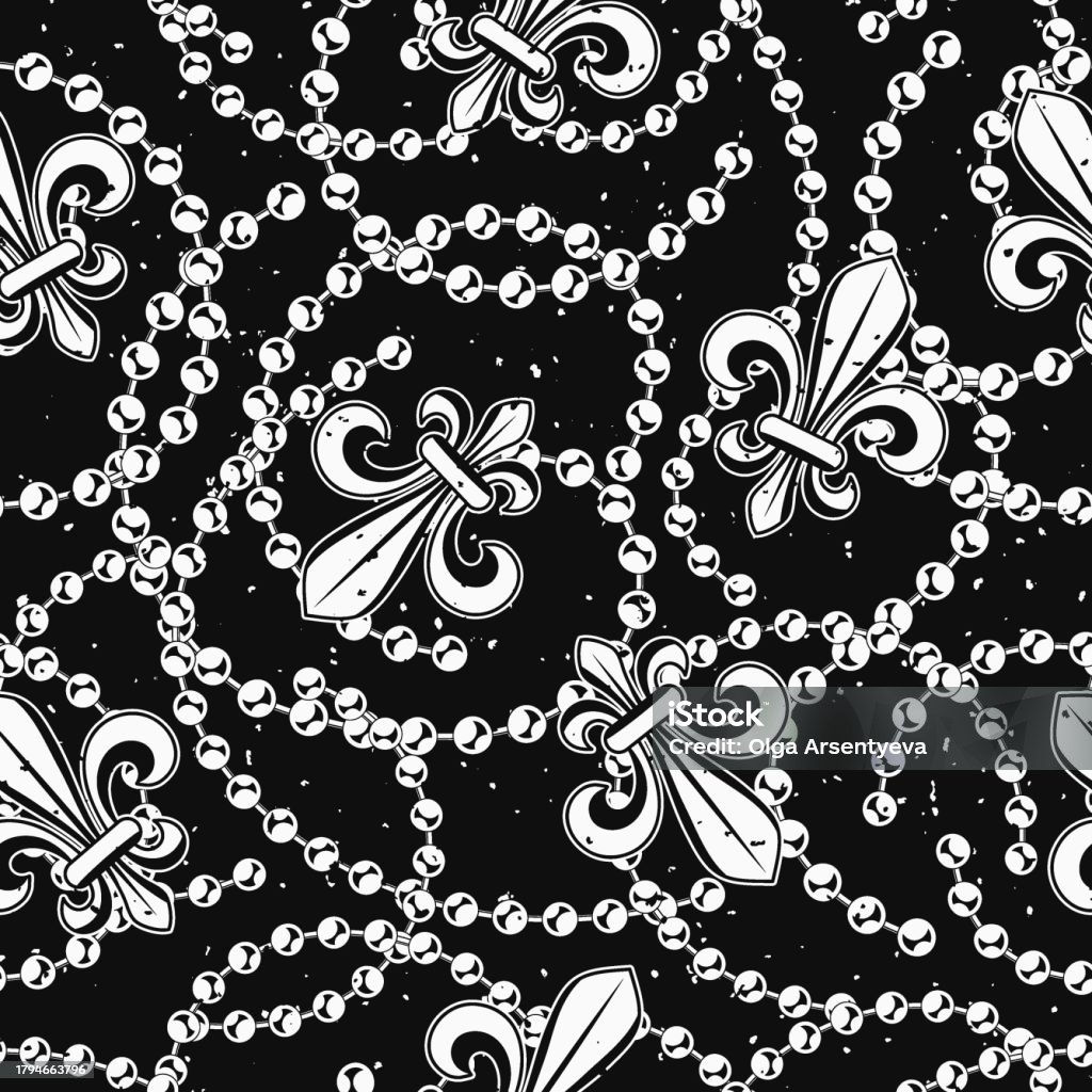 Seamless Black And White Pattern With Fleur De Lis Strings Of Beads On