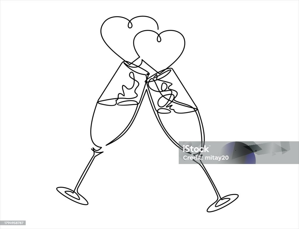 Continuous One Line Drawing Of Cheers Two Glasses With Champagne And