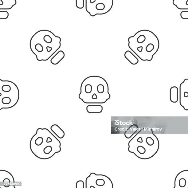 Ligne Grise Icône De Crâne Isolé Motif Sans Couture Sur Fond Blanc