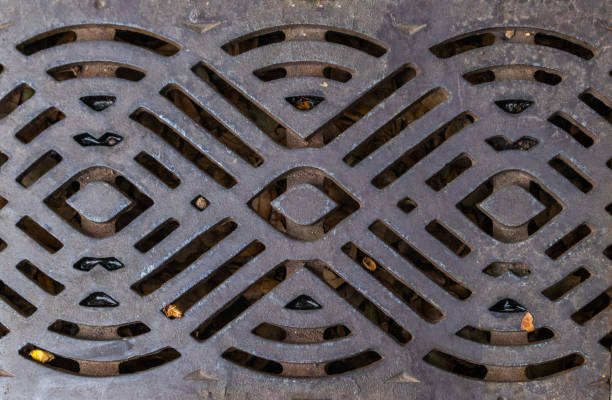Free picture: Metal grid of cast iron sewage drain with leaves