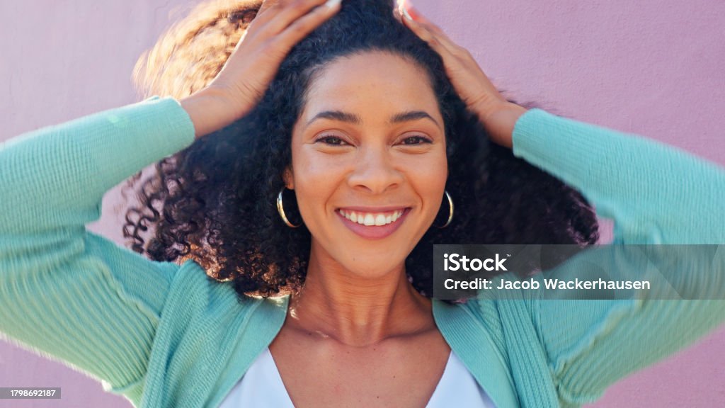 Black Woman Natural Hair And Happy Portrait With Smile On Pink