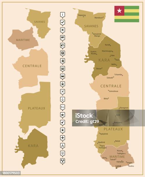 Ilustración De Togo Mapa Detallado Del País En Colores Marrones
