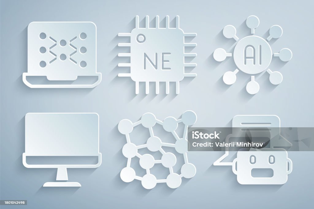 Set Neural Network Computer Monitor Chat Bot Processor Cpu And Icon Vector Stock Illustration