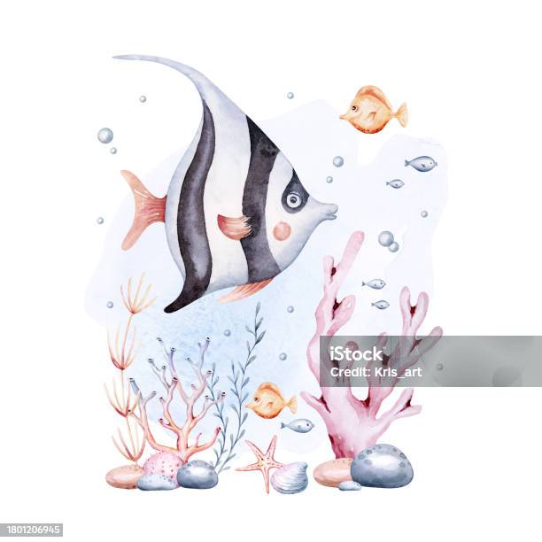 Composition Des Animaux Marins Aquarelle Bleue Poisson De Mer Tortue