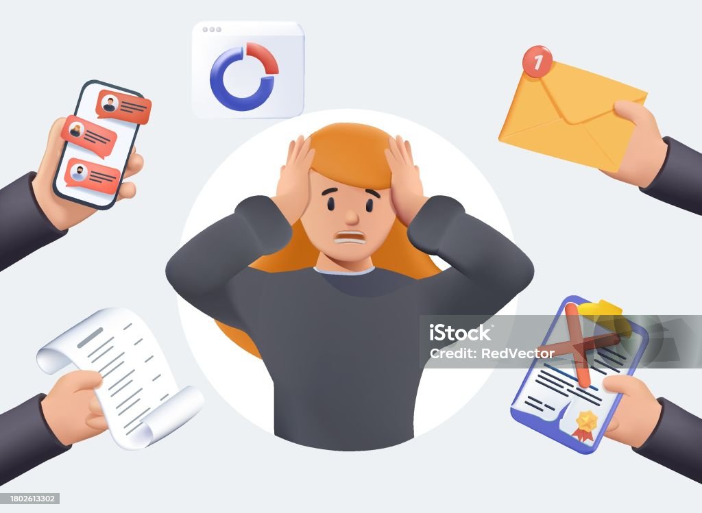 Multitasking Stressed Business Woman In Office Work Place 3d Vector ... Multitasking Stressed Business Woman In Office Work Place 3d Vector ...