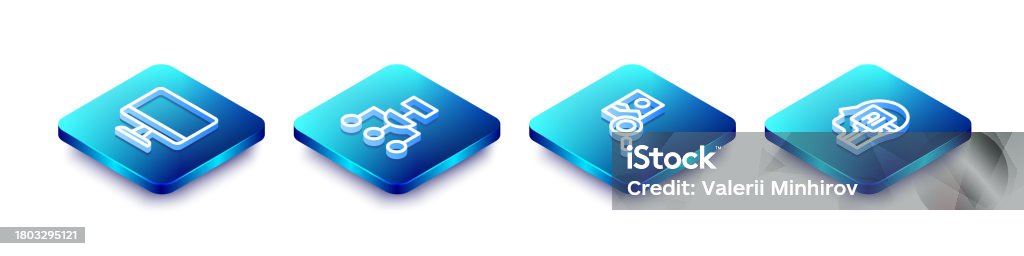 Set Isometric Line Computer Monitor Algorithm Photo Retouching And Humanoid Robot Icon Vector