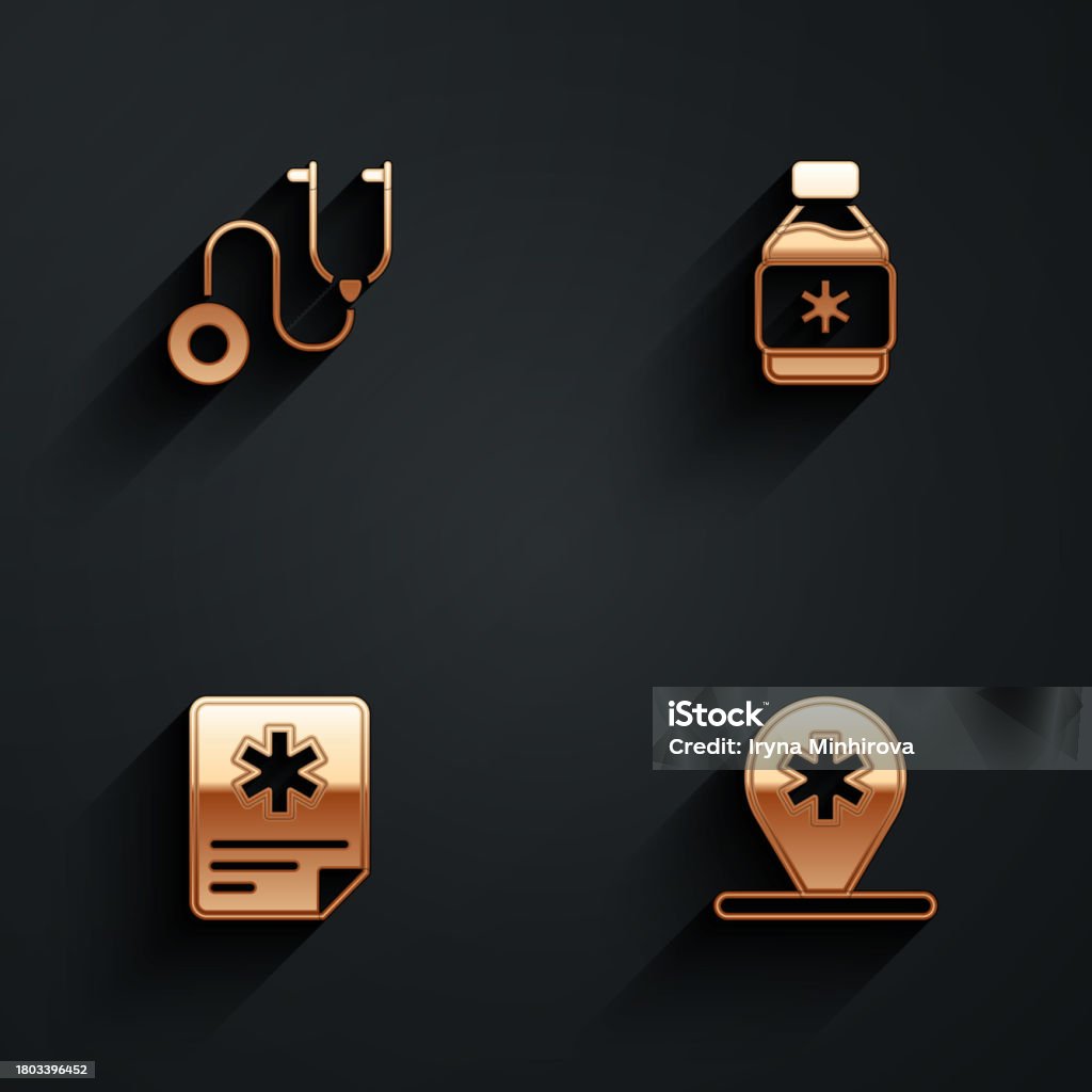 Set Stethoscope Bottle Of Medicine Syrup Patient Record And Location