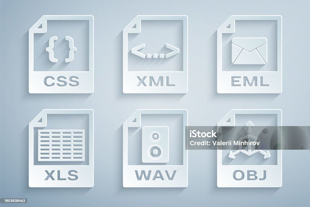Set Wav File Document Eml Xls Obj Xml And Css Icon Vector Stock