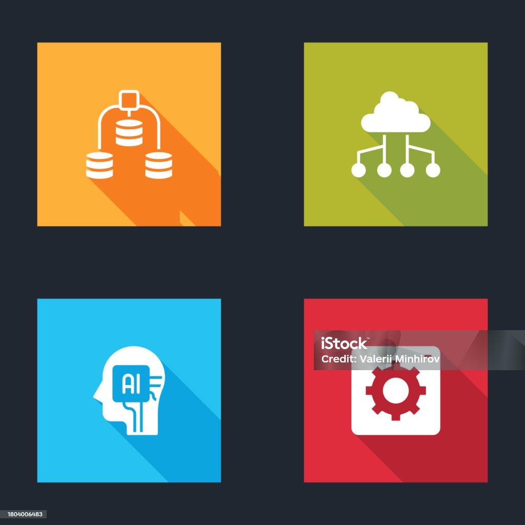 Set Server Data Network Cloud Connection Humanoid Robot And Computer Api Interface Icon Vector