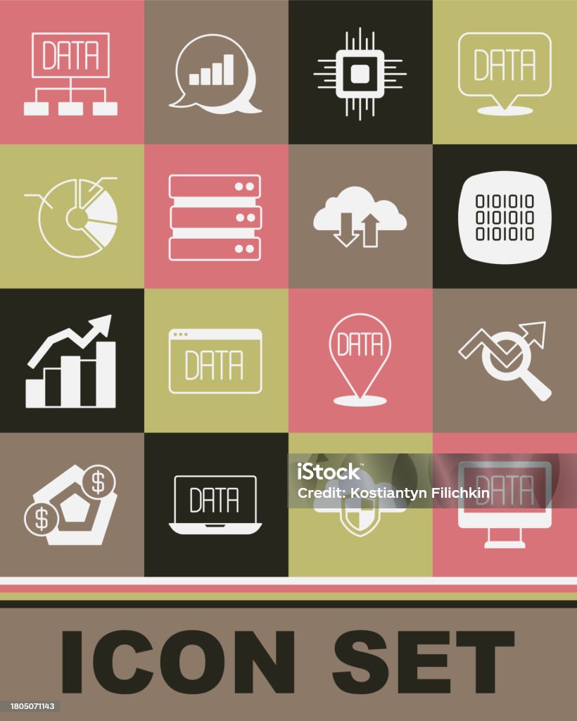 Set Data Analysis Search Data Binary Code Processor Cpu Server Pie Chart Infographic And Cloud