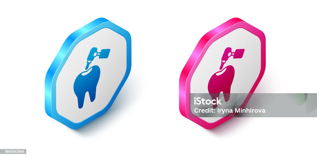 Dent Isométrique Avec Caries Et Icône De Perceuse À Dents Isolée Sur