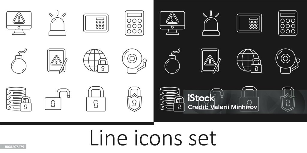 Vetores de Definir Linha Lock Tocando Sino De Alarme Cofre Tablet Com ... Vetores de Definir Linha Lock Tocando Sino De Alarme Cofre Tablet Com ...