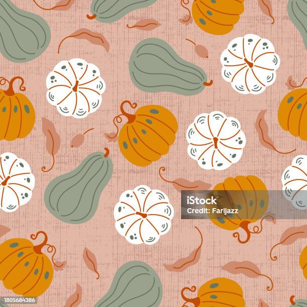 Autumn Pastel Pumpkins And Leaves Vector Seamless Pattern向量圖形及更多秋天圖片