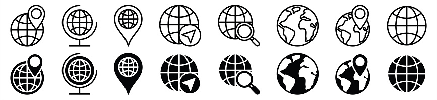 Jeu Dicônes De Ligne Dépingle De Carte Du Globe Terrestre Icône De