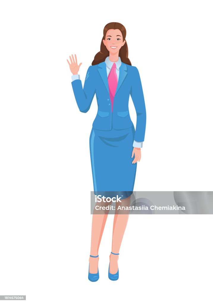 Smiling Businesswoman Character In Formal Wear Standing And Waving Her Hand Business Person At