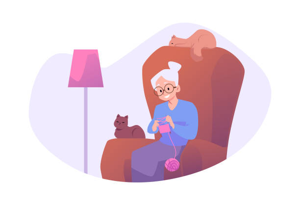 60 Old Woman Sitting In Armchair With Cats Stock Illustrations