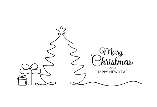 Dessin Au Trait Continu Dune Ligne De Larbre De Noël Et Cadeau Concept