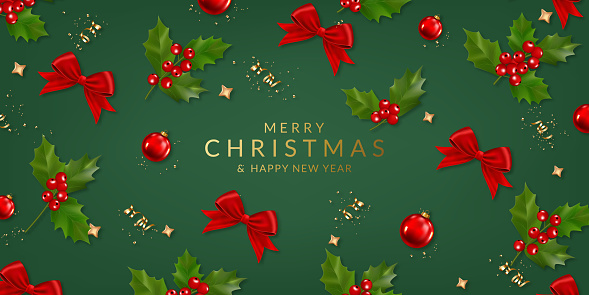 Kartu Ucapan Natal Dan Tahun Baru Dengan Bola Merah Dengan Buah Holly