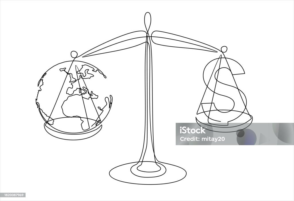 Satu Gambar Garis Tunggal Uang Dan Planet Bumi Pada Mangkuk Timbangan ... Satu Gambar Garis Tunggal Uang Dan Planet Bumi Pada Mangkuk Timbangan ...