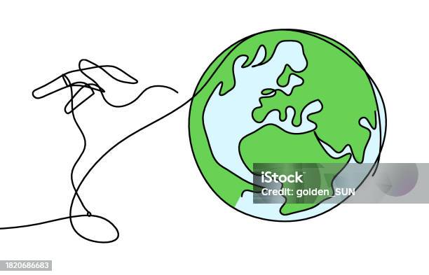 Warna Abstrak Planet Bumi Dengan Tangan Sebagai Gambar Garis Di Atas