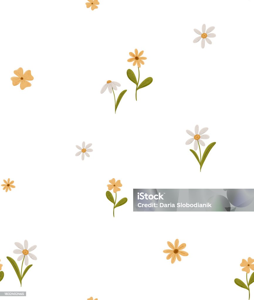 Seamless Minimal Pattern With Simple Daisy Flowers Endless Chamomile