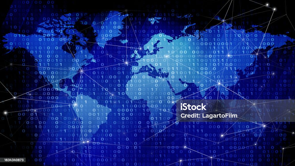 Global Communication And Map Lines Connecting Dots Of Binary Code In Digital World Of Cyber