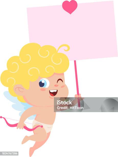 Personnage De Dessin Animé Mignon Cupidon Angel Tenant Un Signe Blanc