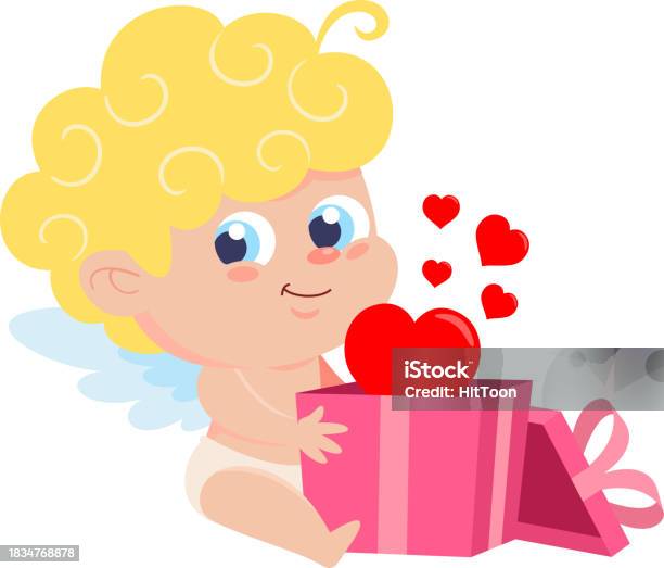 Personnage De Dessin Animé Mignon Cupidon Angel Tenant Une Boîtecadeau
