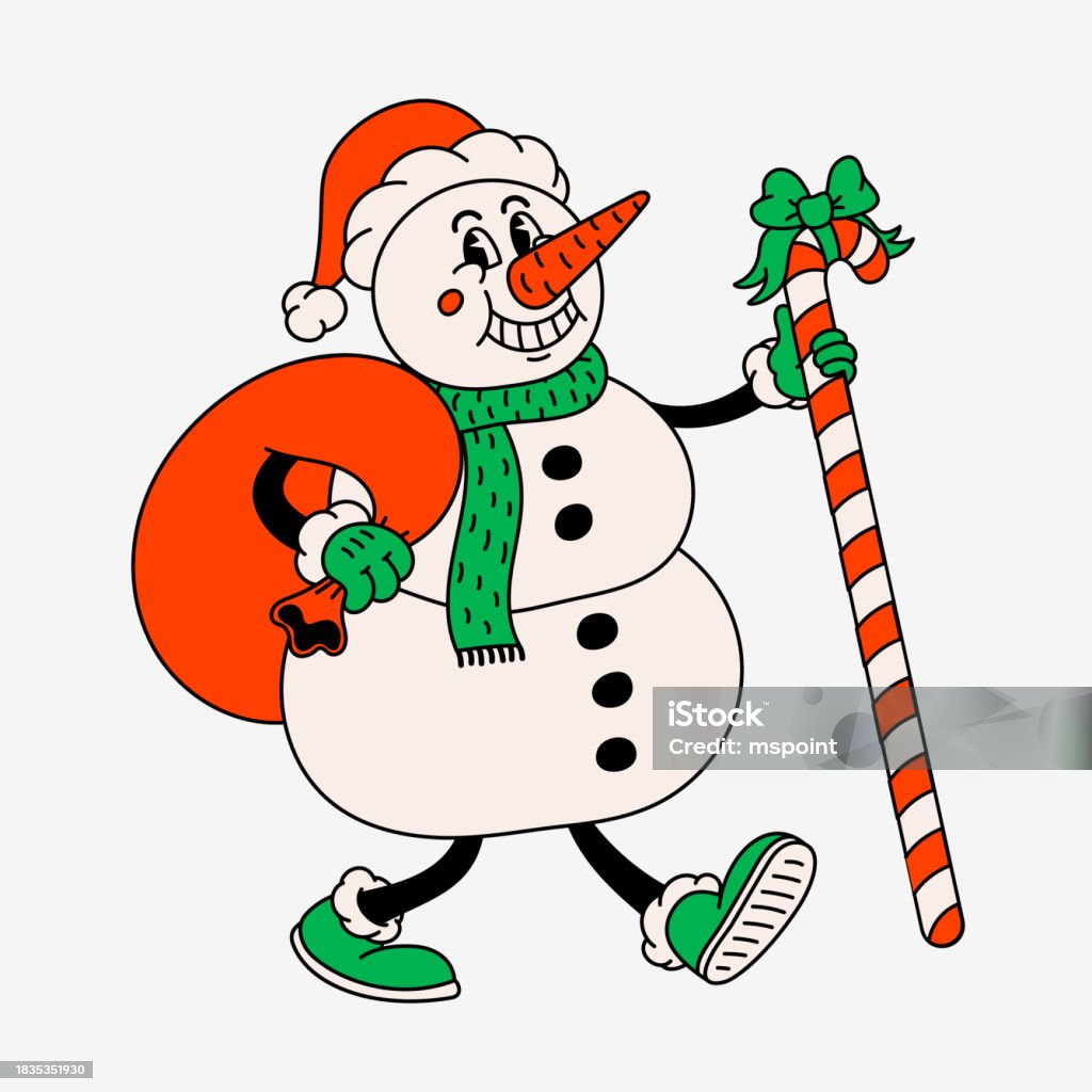 Gaya Retro Manusia Salju Kartun Lucu Dengan Topi Santa Karakter Manusia ... Gaya Retro Manusia Salju Kartun Lucu Dengan Topi Santa Karakter Manusia ...