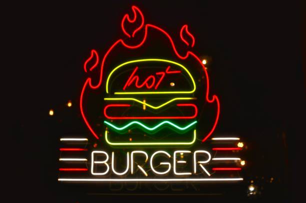 Free Stock Photo of Neon Burger Hungry sign in a dark diner setting ...