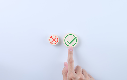 Approve And Reject Business Proposal Concept Hand Choosing Right Icon On White Background Symbol