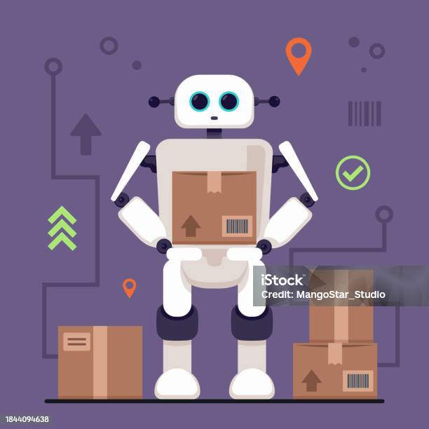 Robot Dengan Kotak Karton Mengantarkan Barang Ke Pelanggan Ilustrasi ... Robot Dengan Kotak Karton Mengantarkan Barang Ke Pelanggan Ilustrasi ...