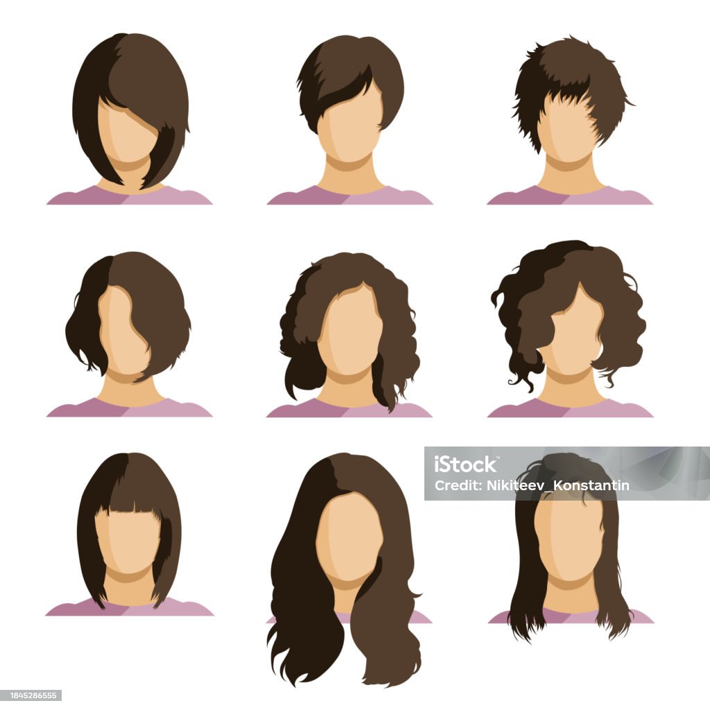 Vector Set Of Flat Woman Faces With Different Hairstyles Stock