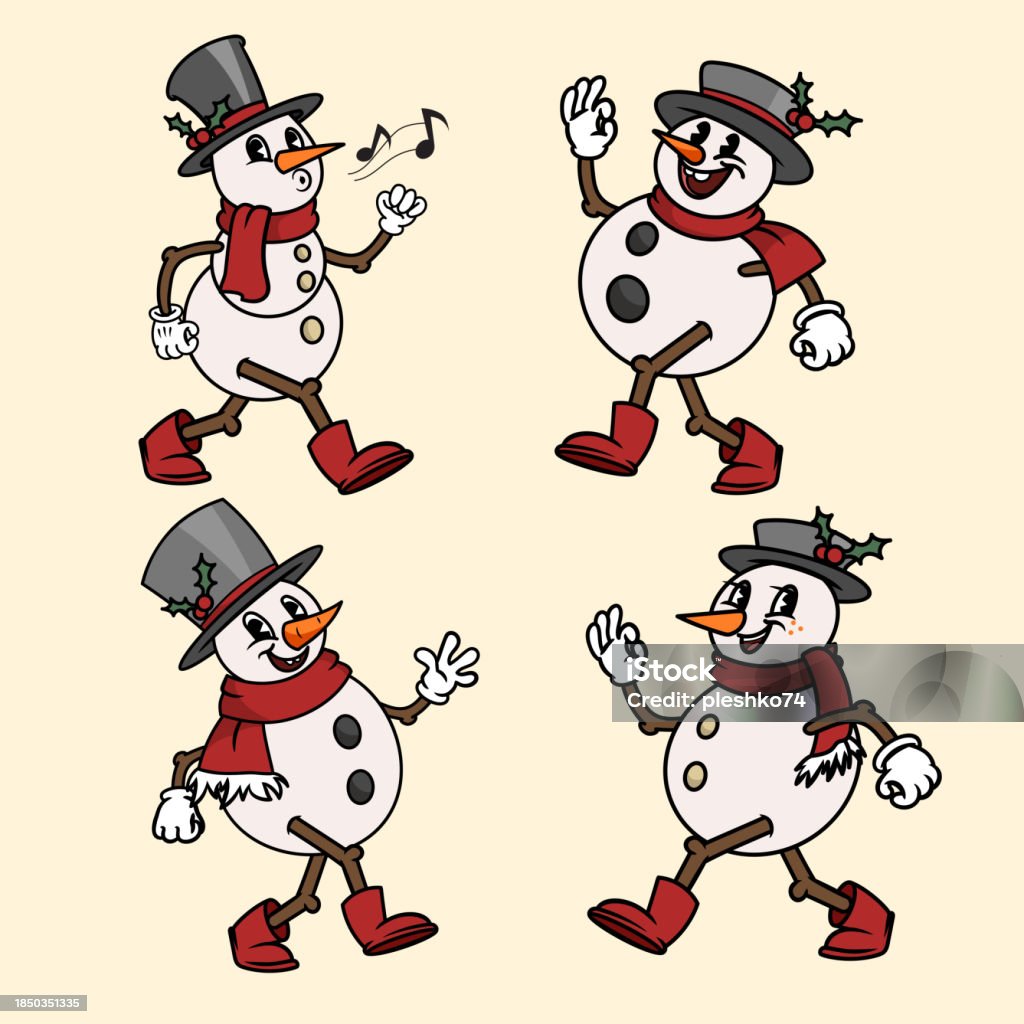 Snowman Mascot Characters Set Retro 30s Cartoon Animation Style Various ... Snowman Mascot Characters Set Retro 30s Cartoon Animation Style Various ...