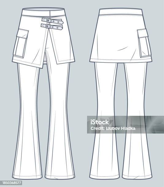 Skirt Over Pants Fashion Flat Technical Drawing Template Flared Pants