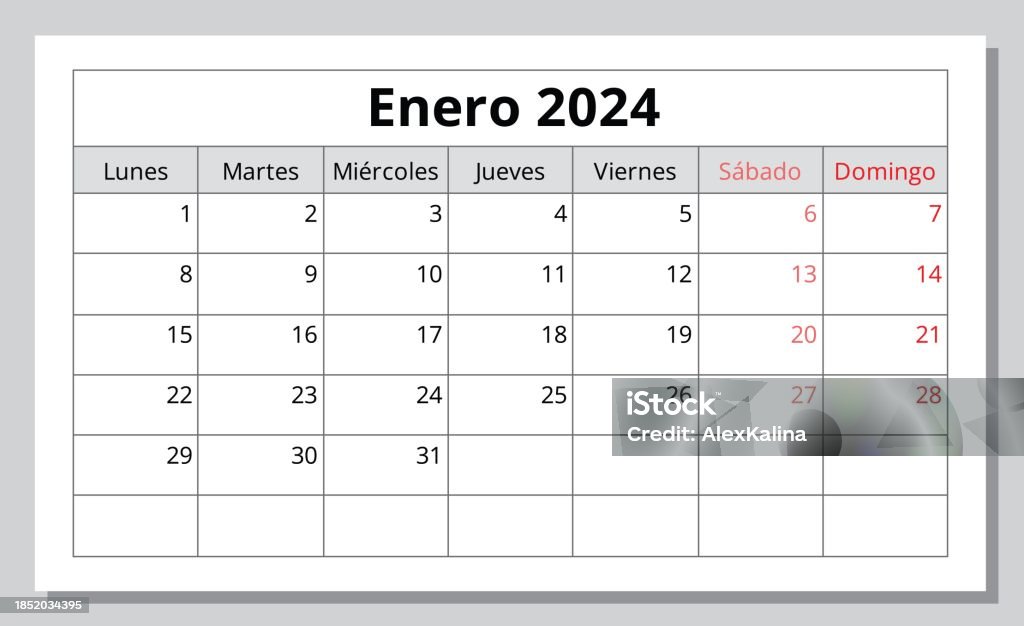 Spanish January 2024 Month Calendar Vector Printable Illustration ... Spanish January 2024 Month Calendar Vector Printable Illustration ...