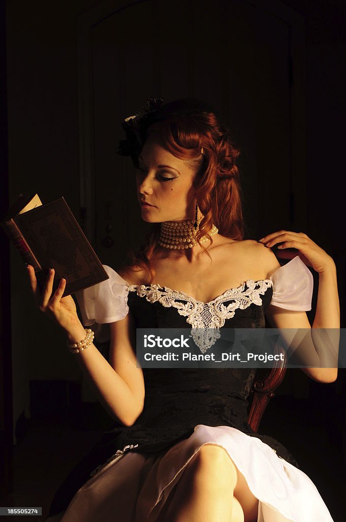 Vintage Victorian Glamour Redhead Lady Sitting In Dress Reading Book