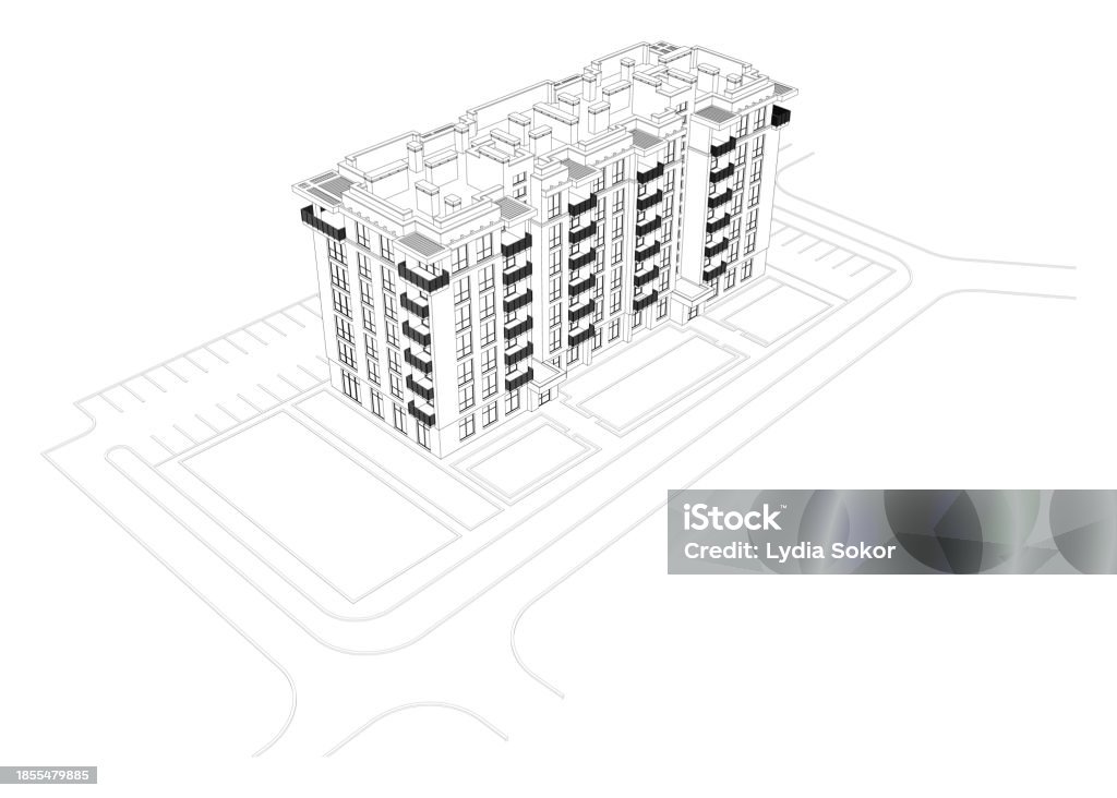 Vector Architectural Project Of A Multistory Building Aerial View Stock